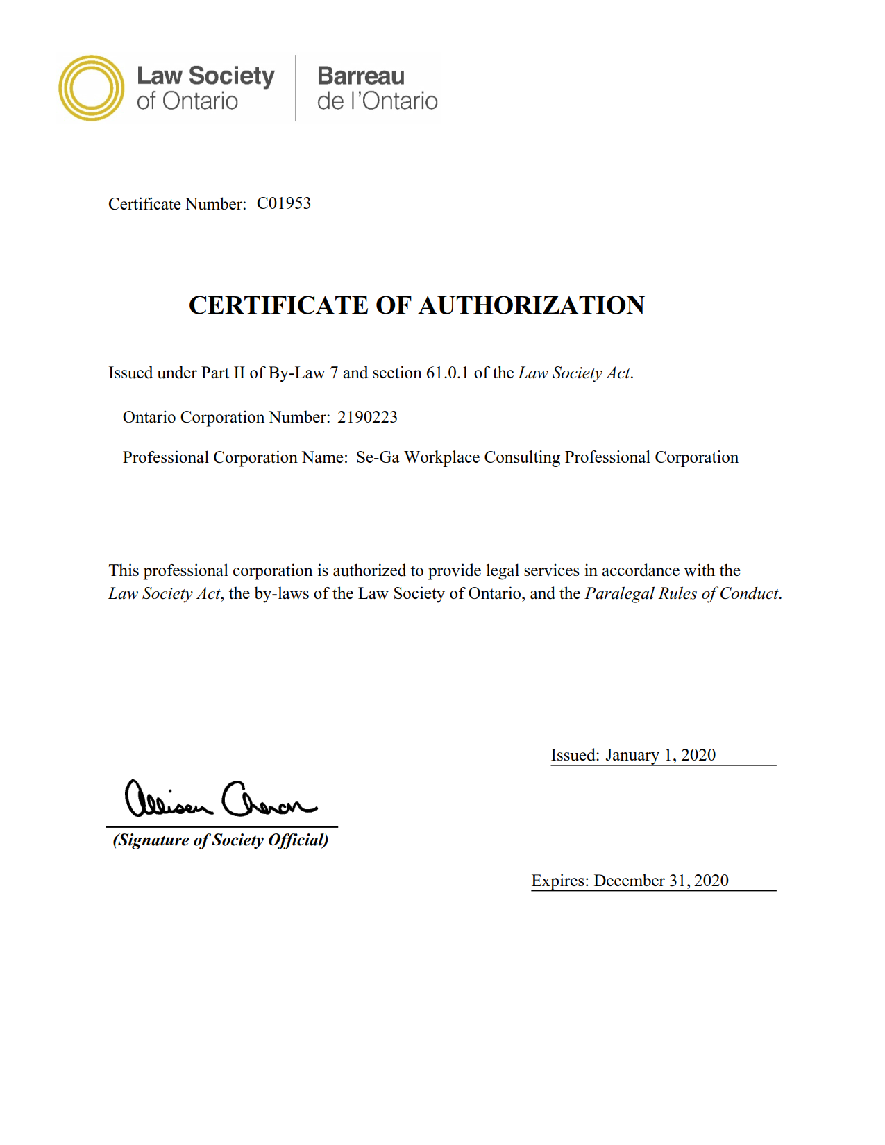 Law Society Authorization – SEGA Workplace Consulting